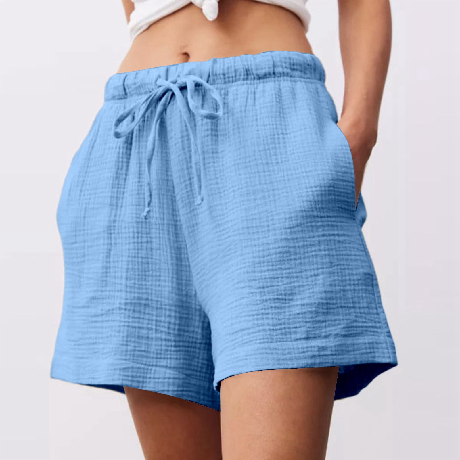 FAOWME Ladies Summer Shorts With Pockets Drawstring Elastic Waist Solid ...