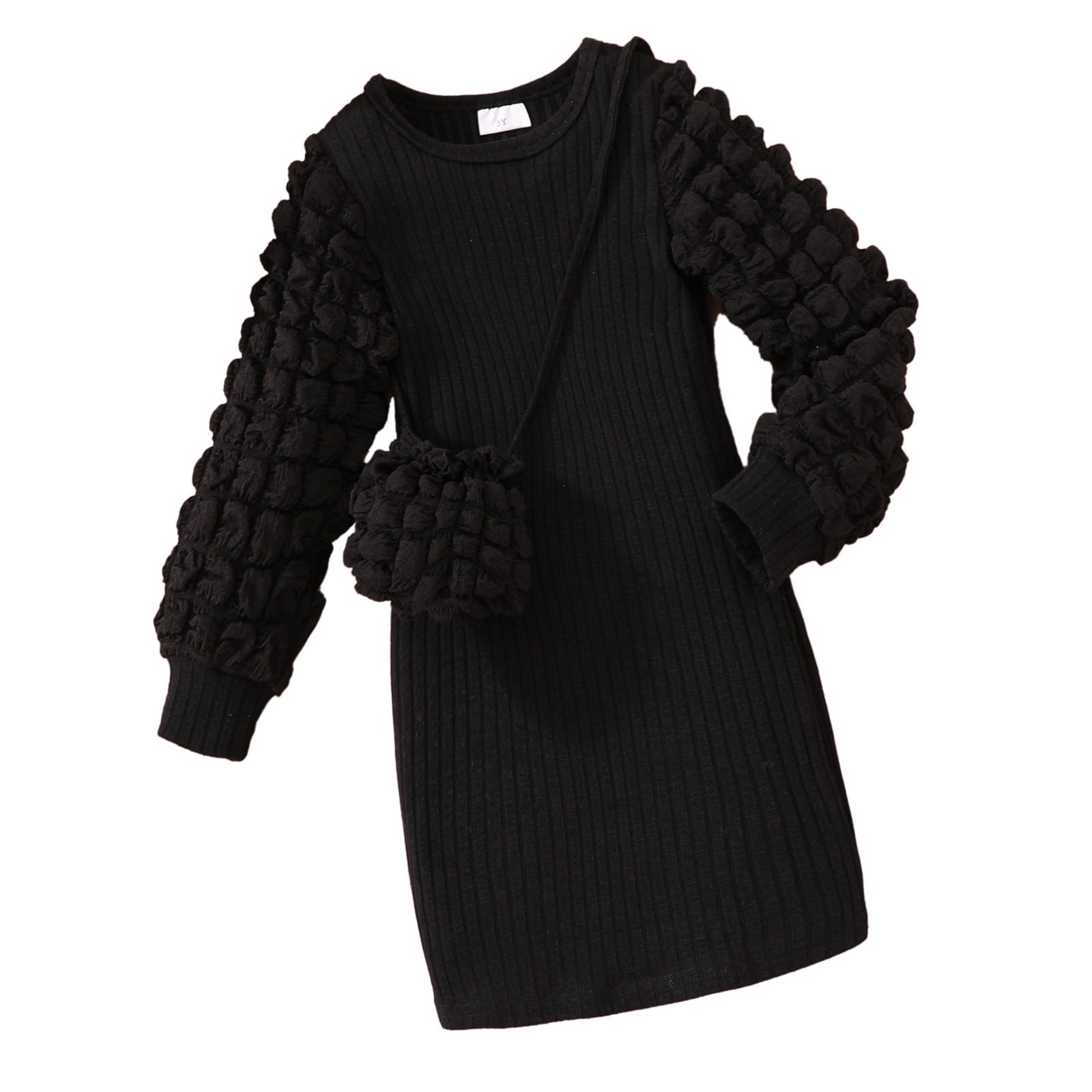 FAOWME Long Sleeve Puffed Sleeve Strip With Bag Solid Color Dress Black ...