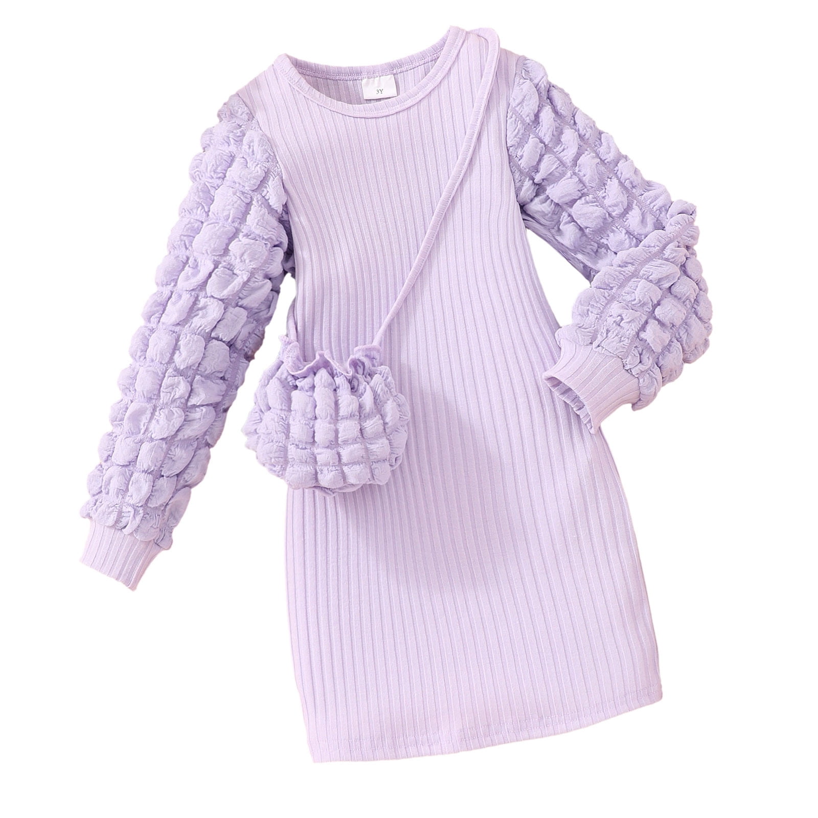 FAOWME Long Sleeve Puffed Sleeve Strip With Bag Solid Color Dress ...