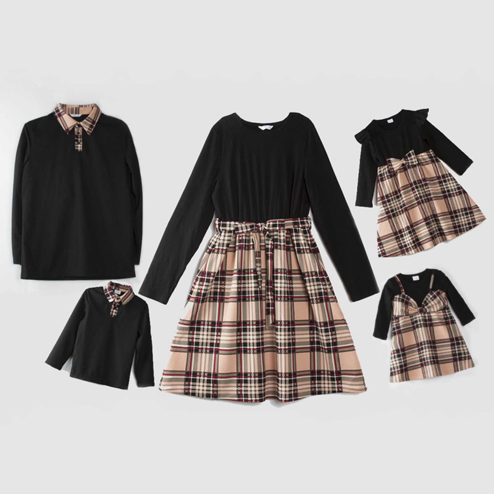 FAOWME Matching Family Dresses Long Sleeve Round Neck Plaid Prints Bow ...