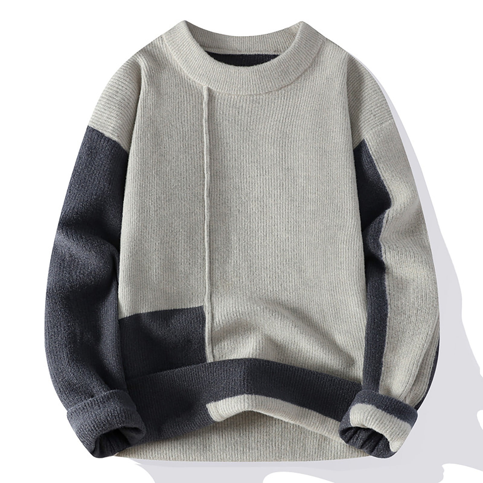 FAOWME Men Knitted Sweater Long Sleeve Round Neck Color Block ...