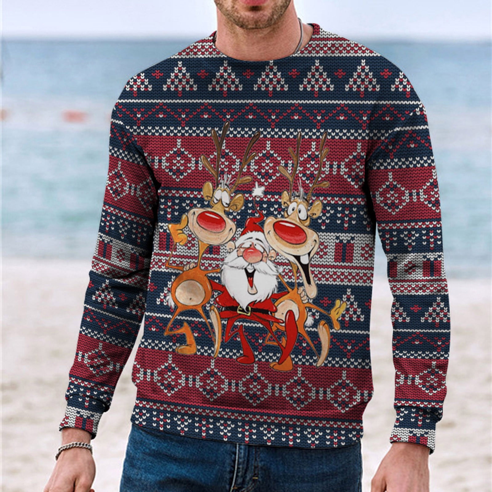 FAOWME Men Women Christmas Pullover Long Sleeve Round Neck Santa Claus ...