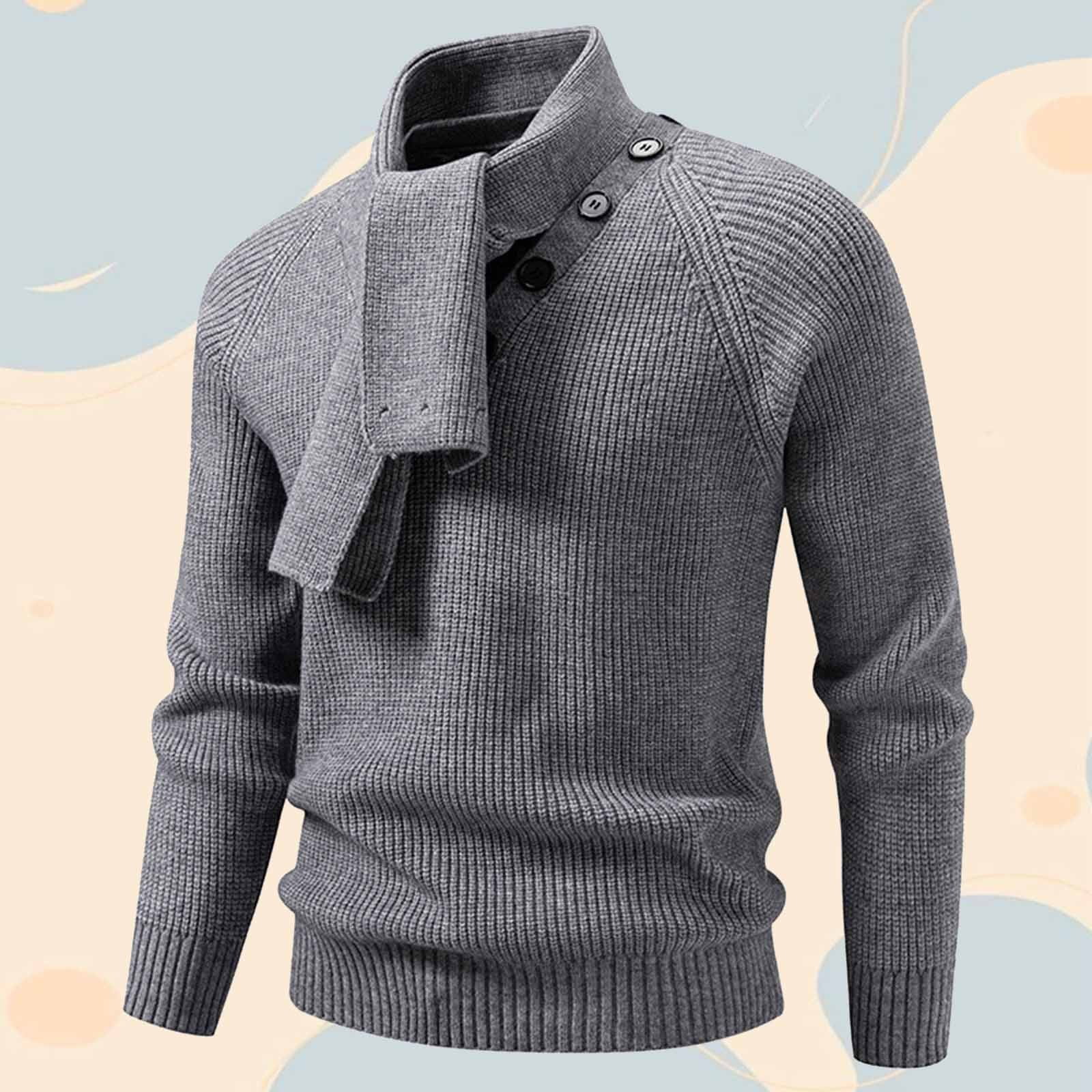 FAOWME Men's Knit Sweater With Detachable Scarf Long Sleeve Solid Color ...