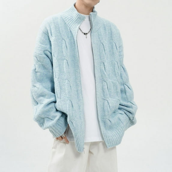 FAOWME Men's Knitted Cardigan Long Sleeve Stand Collar Solid Color ...