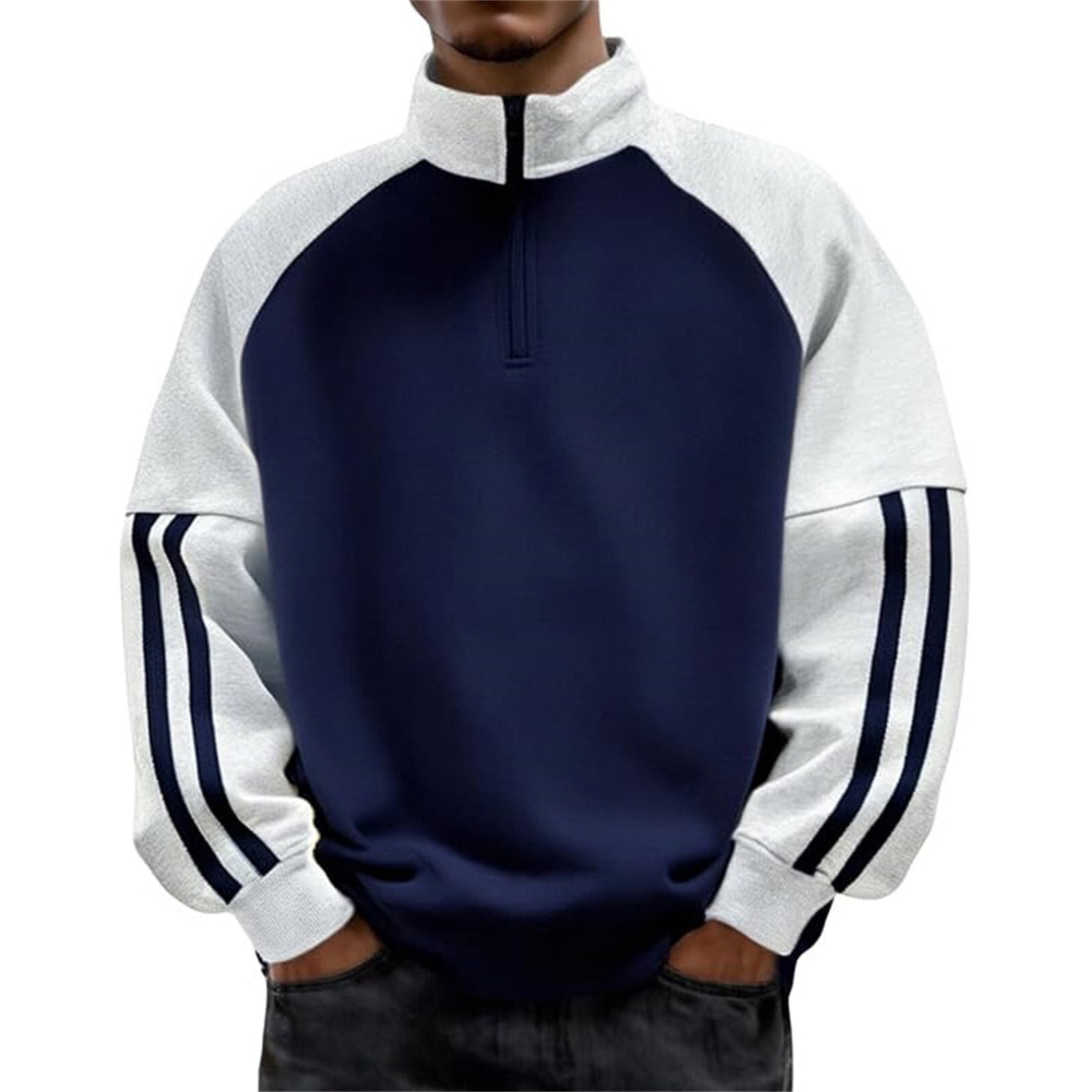 FAOWME Men's Pullover Long Sleeve Stand Collar Color Block Zipper ...