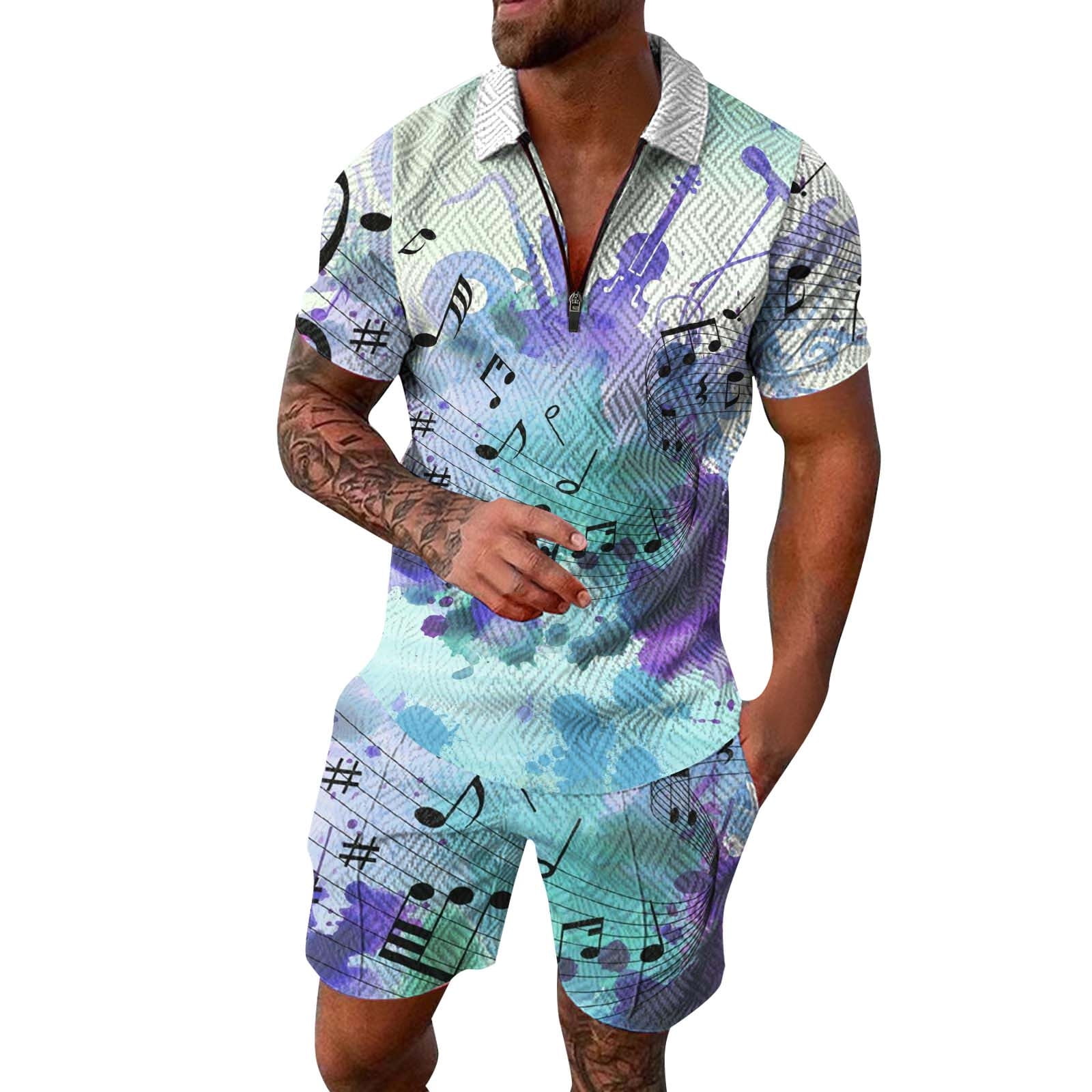 FAOWME Men's Summer 2 Piece Set Short Sleeved Lapel Half Zipper Note ...