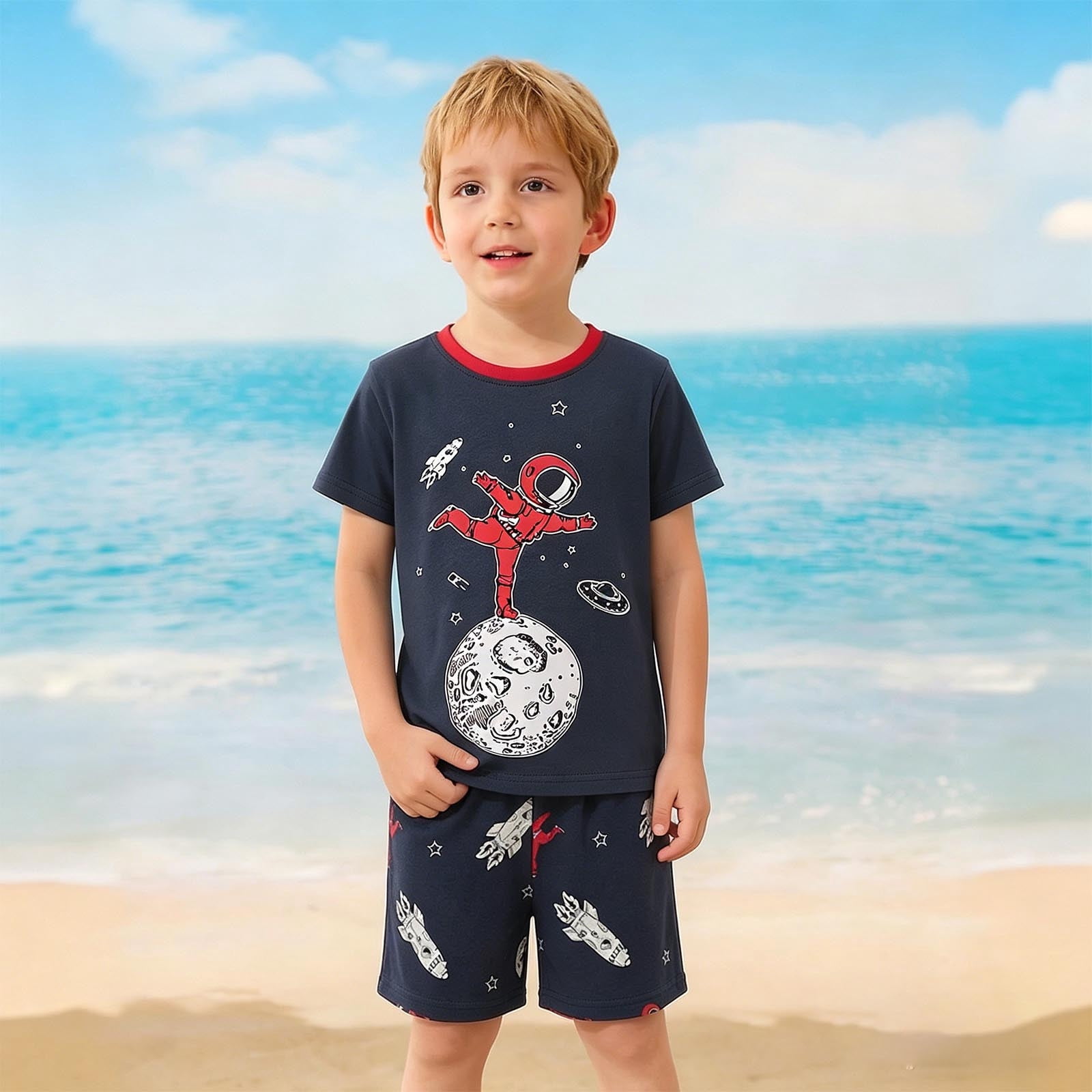 FAOWME Toddler Kids Boys Summer Outfit Cartoon Print Short Sleeve Crew ...