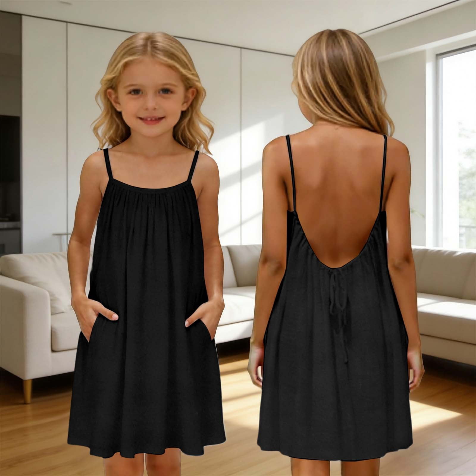 FAOWME Toddler Kids Girls Dress Sleeveless Suspenders Solid Color ...