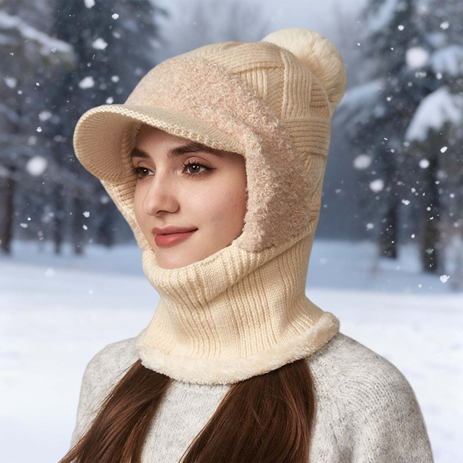 FAOWME Women Knitted Hats Solid Color Plush Windproof Thickened ...