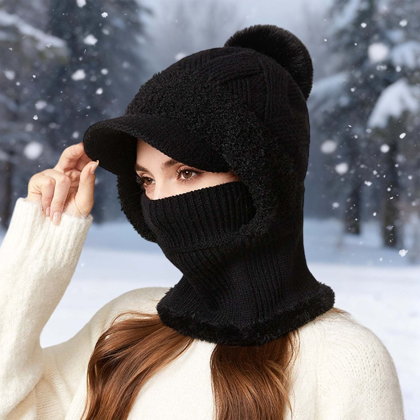 FAOWME Women Knitted Hats Solid Color Plush Windproof Thickened ...