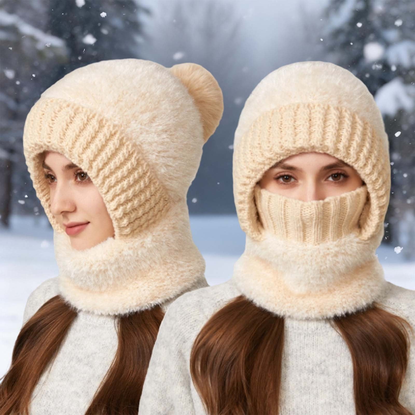 FAOWME Women Knitted Hats Solid Color Plush Windproof Thickened ...