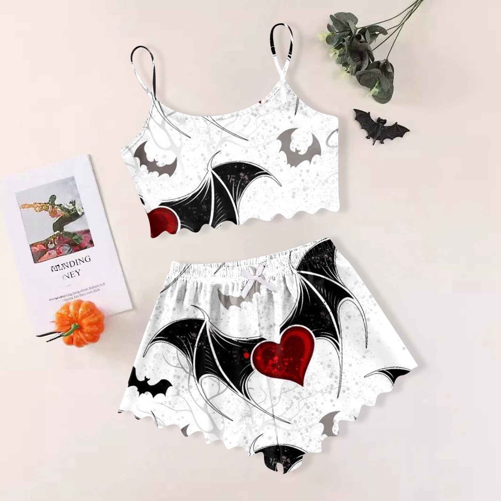 FAOWME Women'S Halloween Pajama Set Bat Printed Sleeveless Spaghetti ...