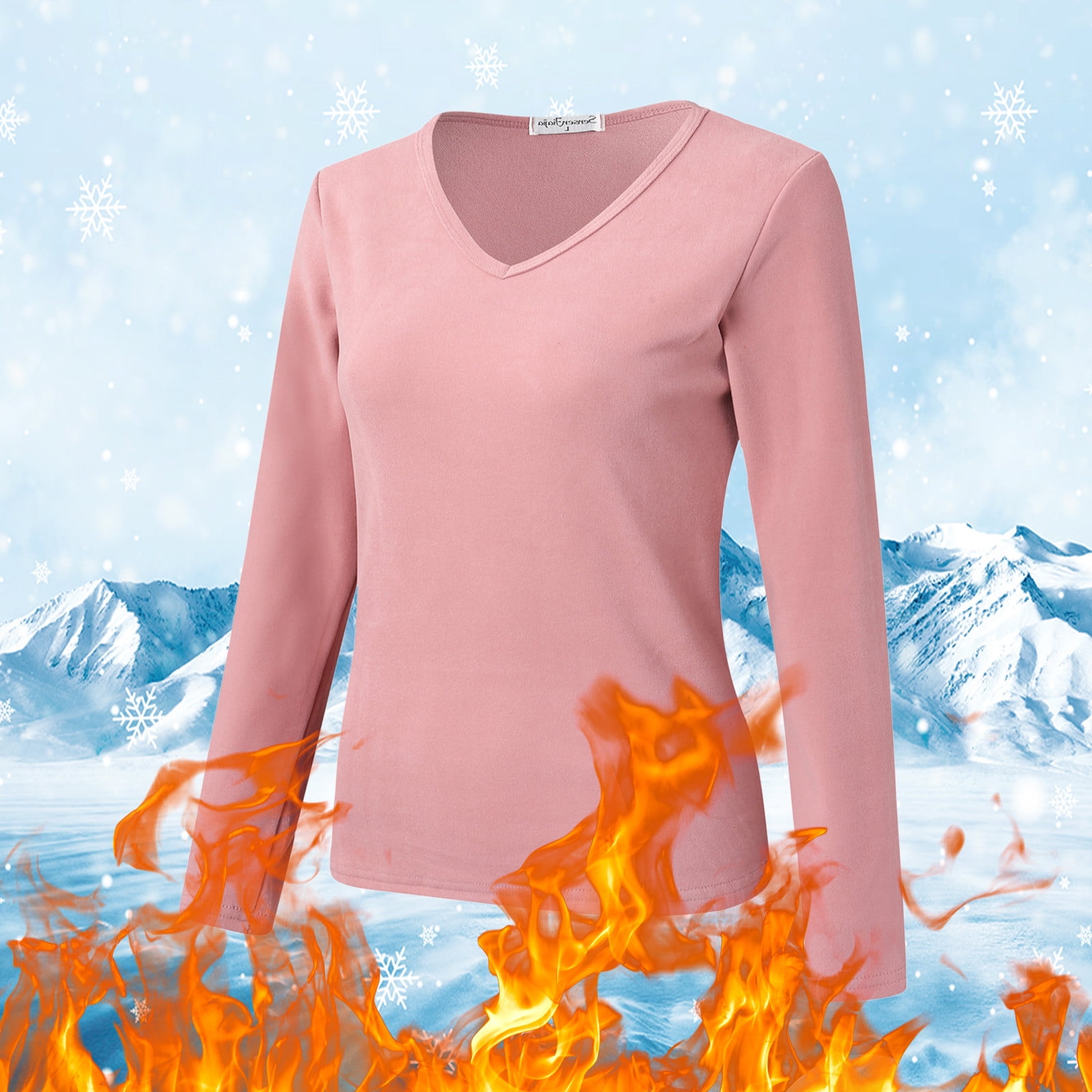 FAOWME Women Winter Tops Long Sleeve V Neck Solid Color Plush Lined ...