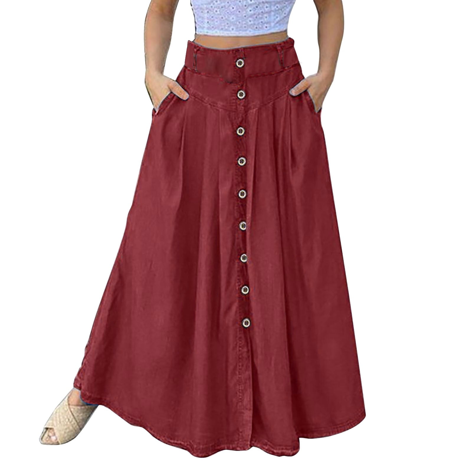 FAOWME Women's Skirt Elastic Waist Solid Color A Line Buttons ...