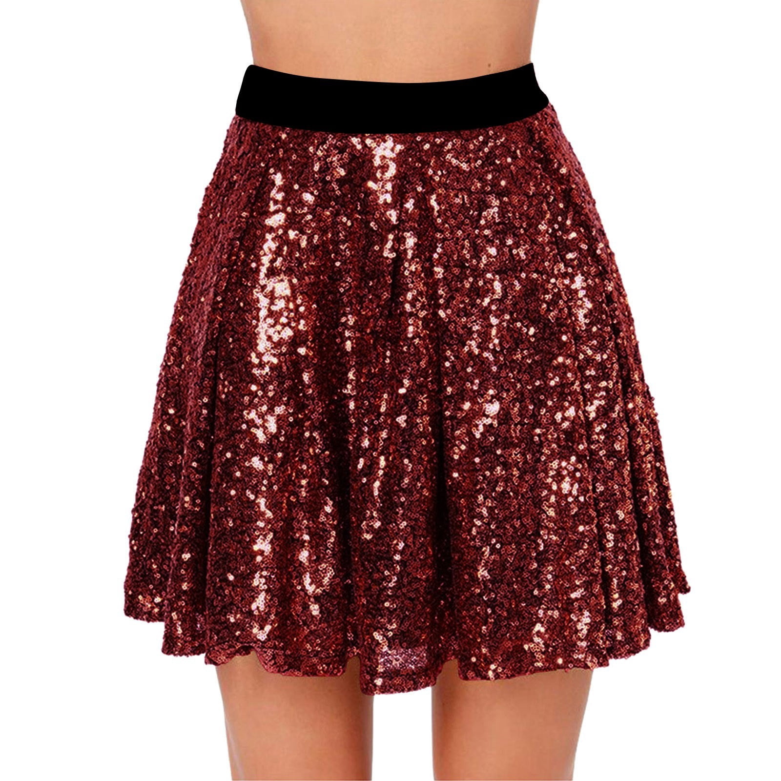 FAOWME Women's Skirt Elastic Waist Solid Color Sequins Comfortable ...
