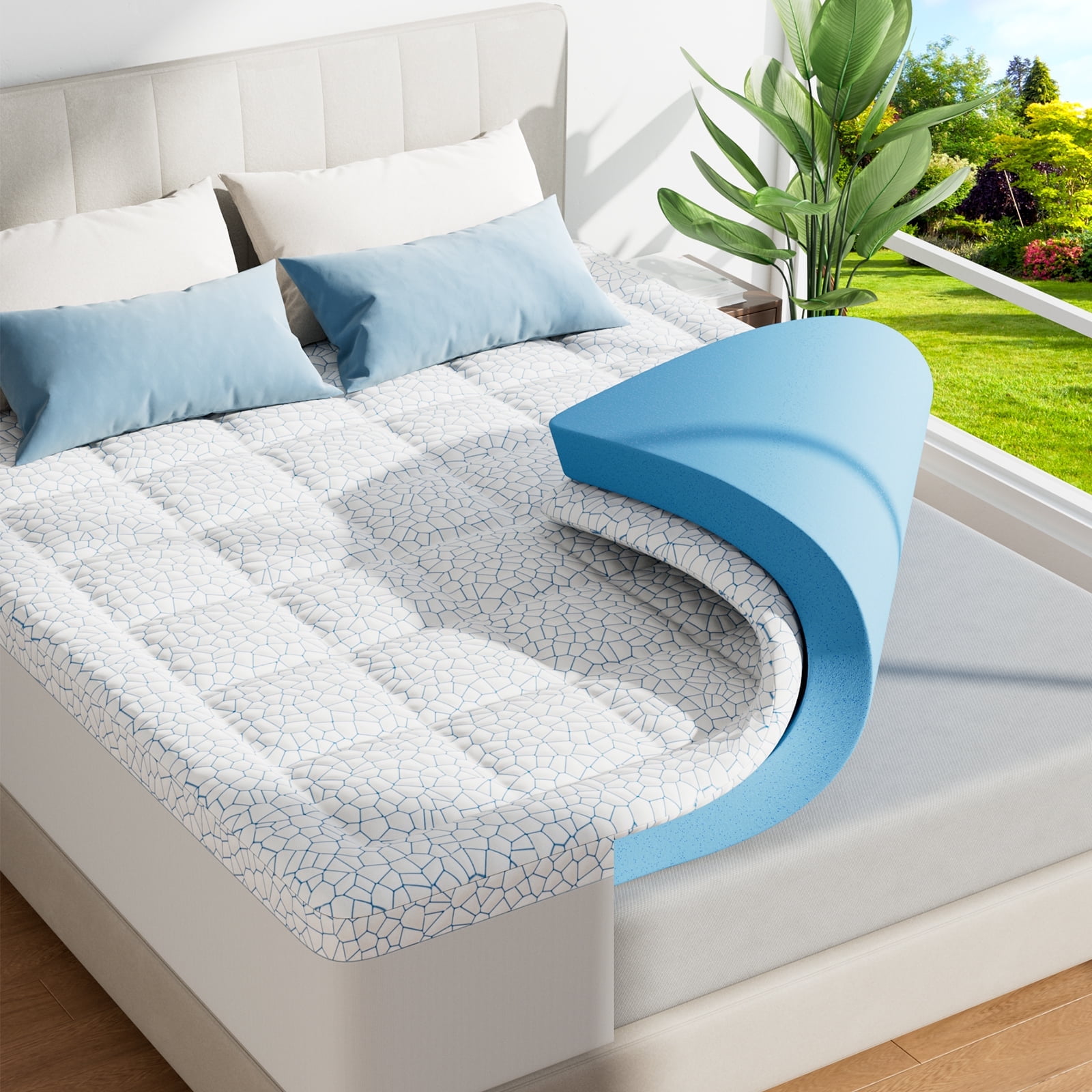 FAPO Queen Size Dual Layer 4 Inch Memory Foam Mattress Topper,Cooling Bamboo Surface,Including 2 ...