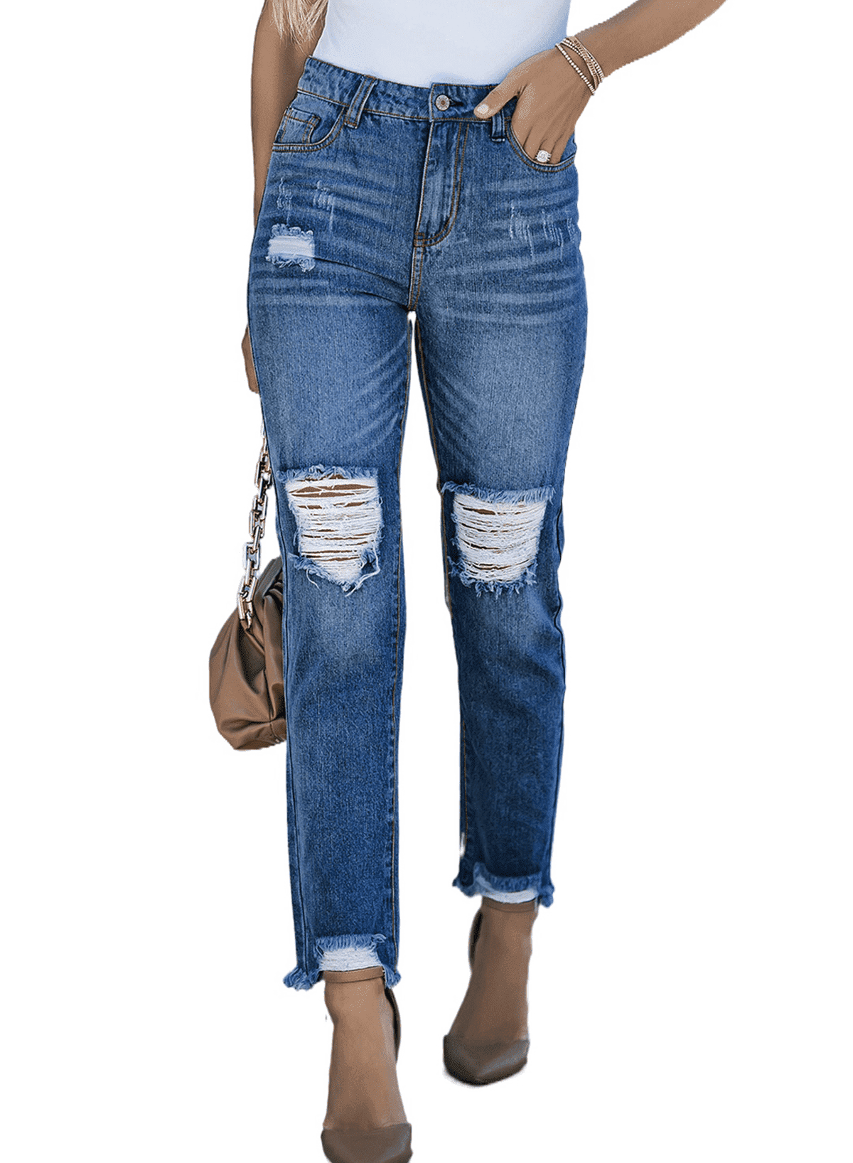 FARYSAYS Blue Jeans for Women Trendy Ripped Jeans Button Straight Leg ...