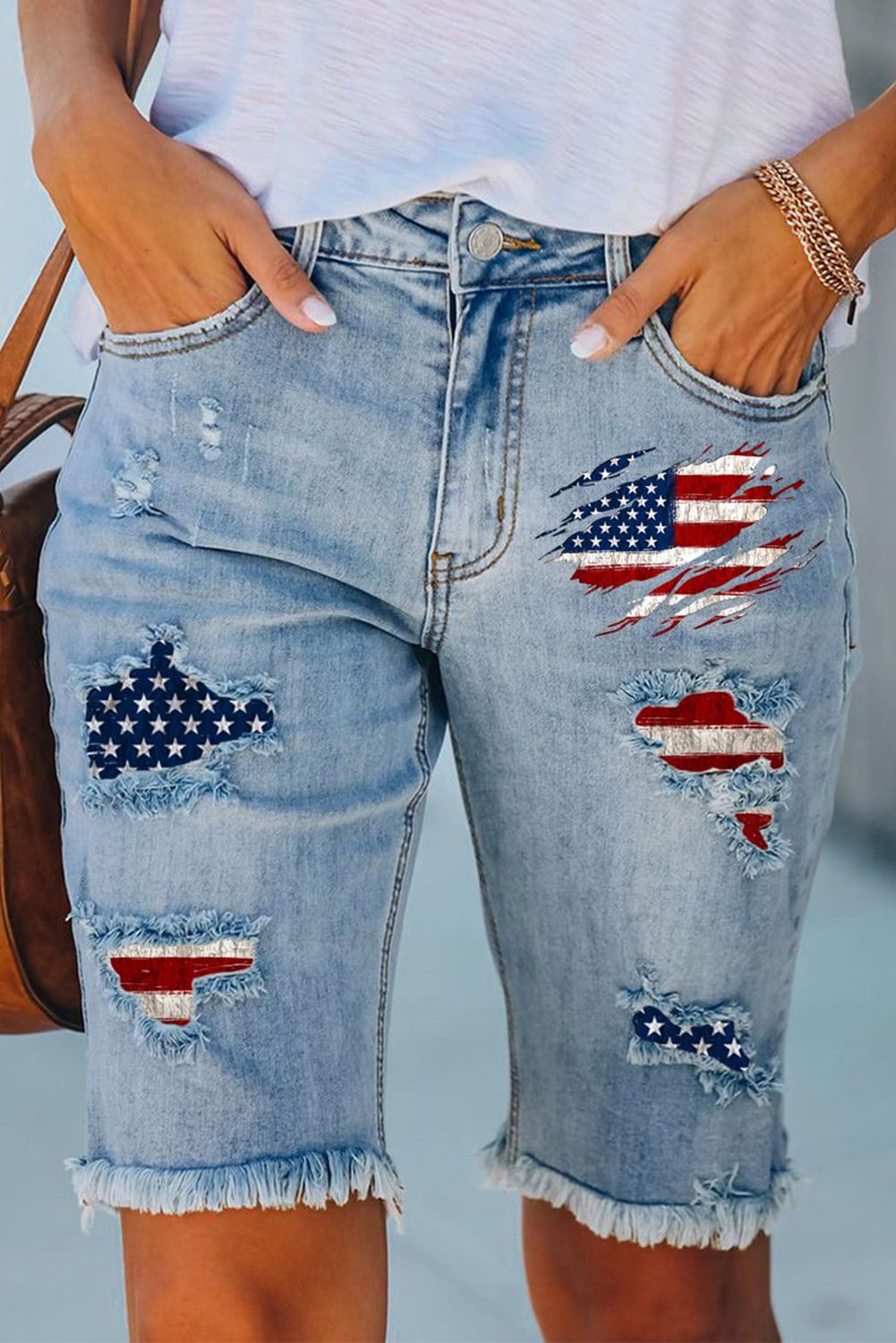FARYSAYS Distressed Ripped Bermuda Jean Shorts for Women Star Print Mid ...