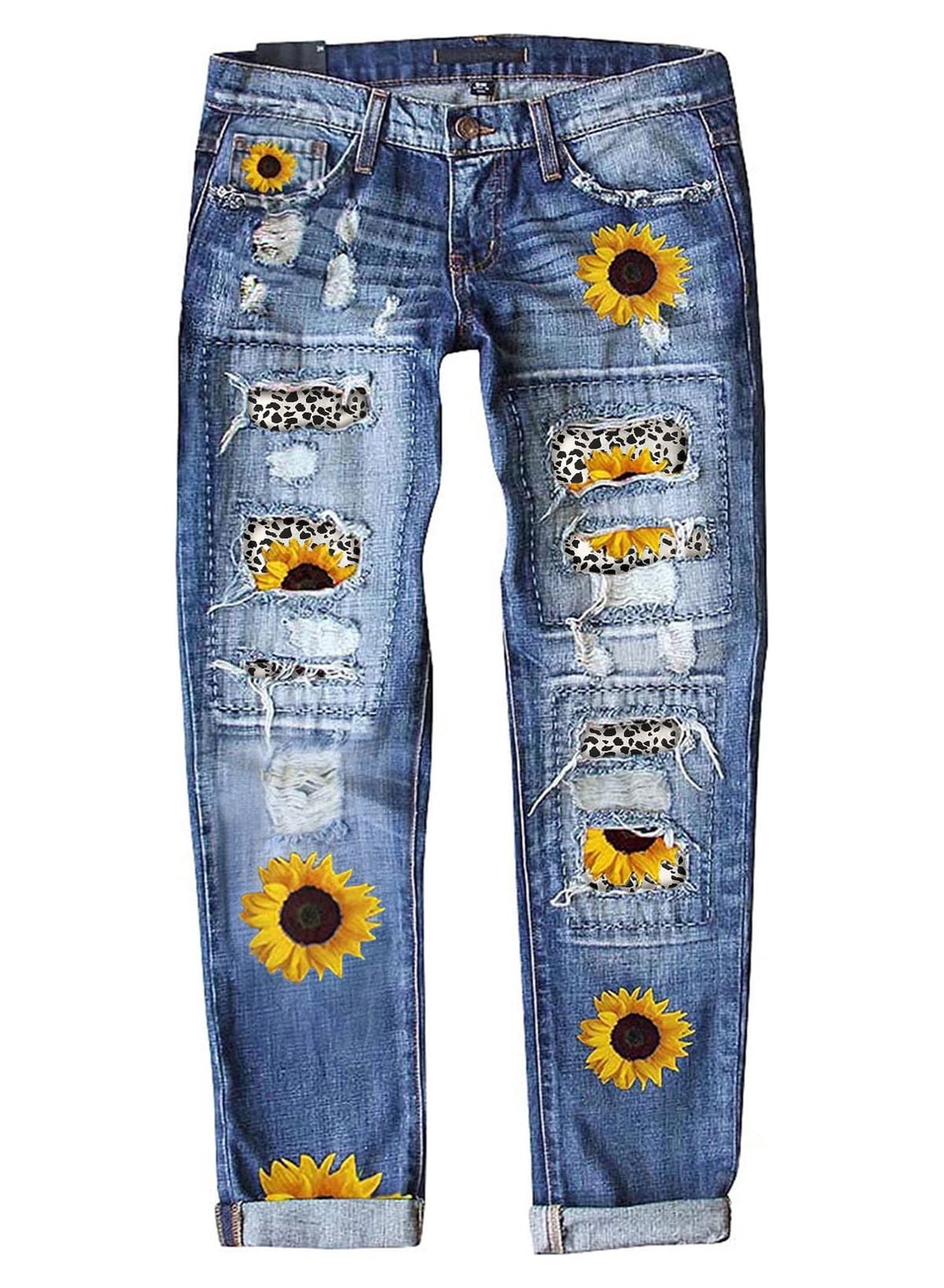 FARYSAYS Women Jeans Stretchy Sunflower Leopard Pattern Print Ripped ...
