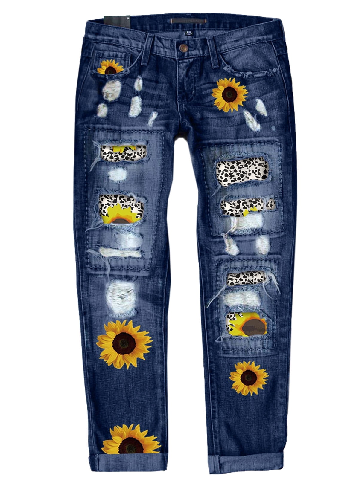 FARYSAYS Women Jeans Stretchy Sunflower Leopard Pattern Print Ripped ...