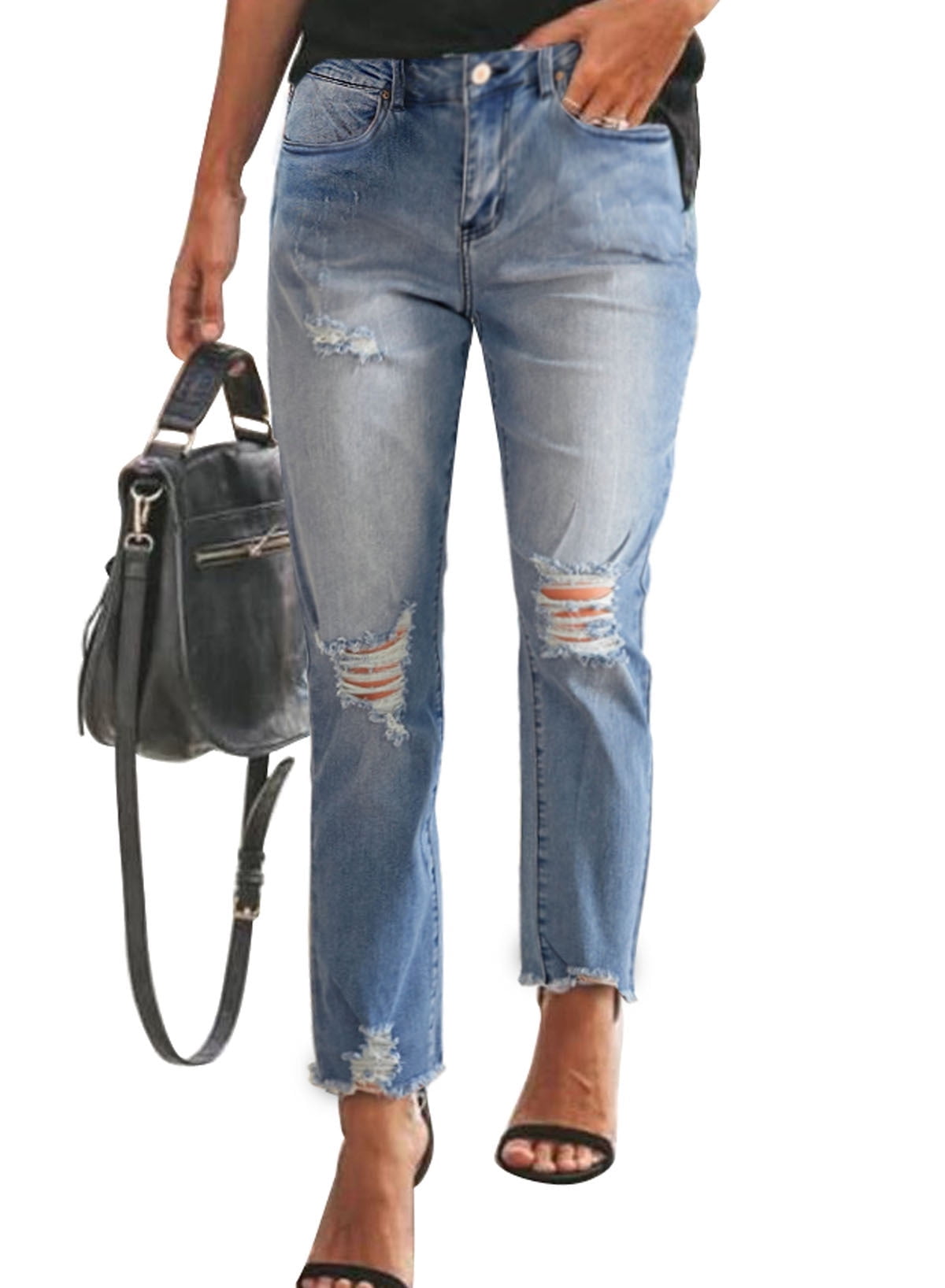 FARYSAYS Women's High Waist Mom Long Ripped Slim Fit Jeans, Distressed ...