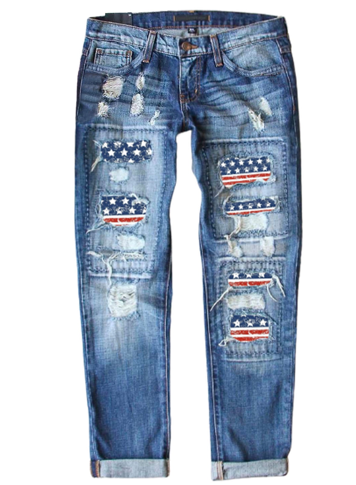 FARYSAYS Women's American Flag Ripped Jeans Star Striped Patchwork ...