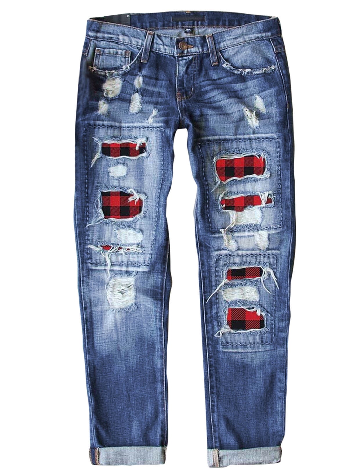 FARYSAYS Women's Daisy Flower Print Cloth Stitching Jeans Boyfriend ...