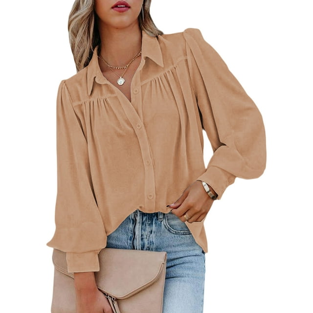 FARYSAYS Womens Business Casual Tops Flowy Fashion V Neck White Button Down Shirt Women Long ...