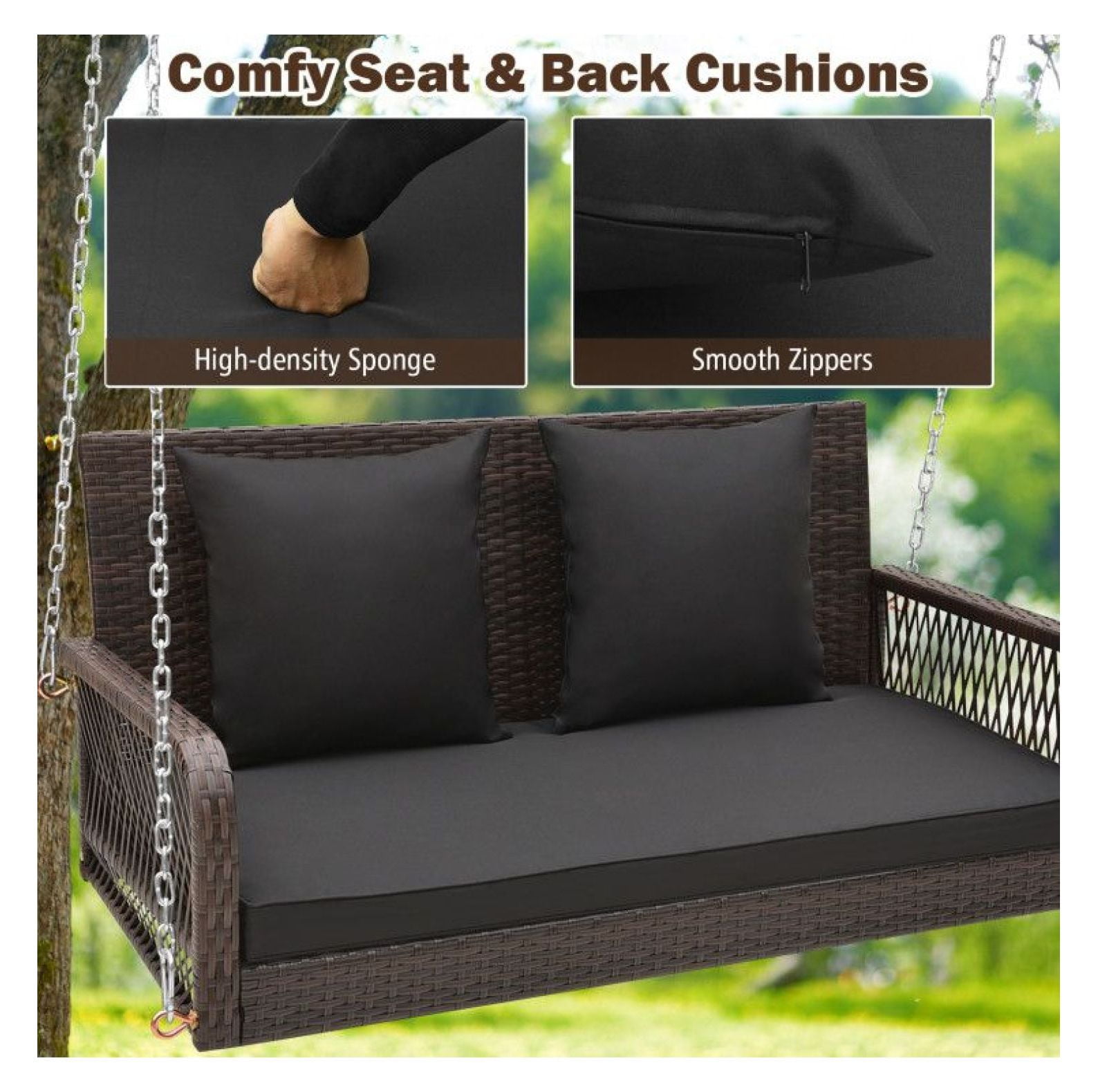 FASCK 2-Person Outdoor Porch Swing, All-Weather Wicker with Seat & Back ...