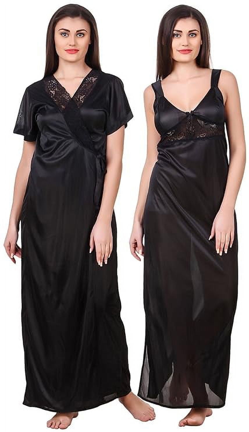 FASENSE Plus Size Satin Nightwear Sleepwear Full Length nighty with ...