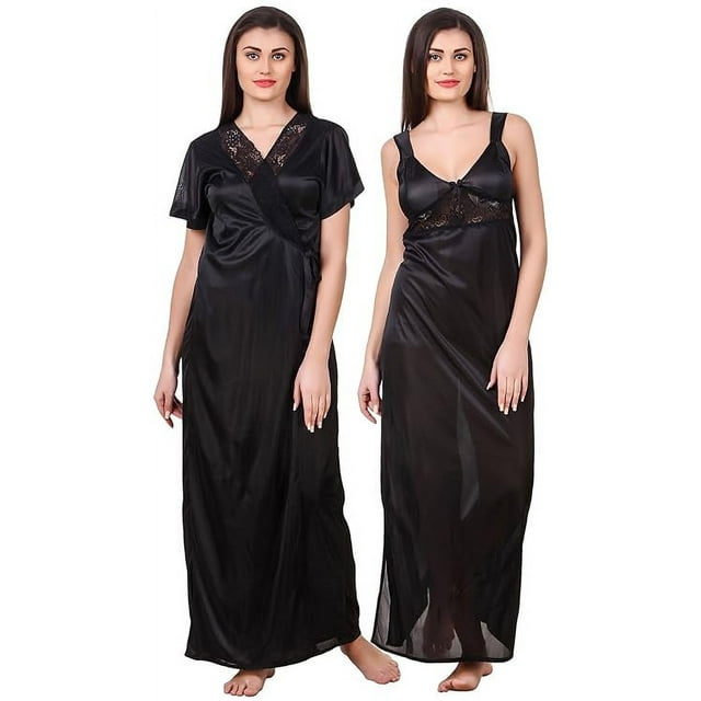 FASENSE Plus Size Satin Nightwear Sleepwear Full Length nighty with ...