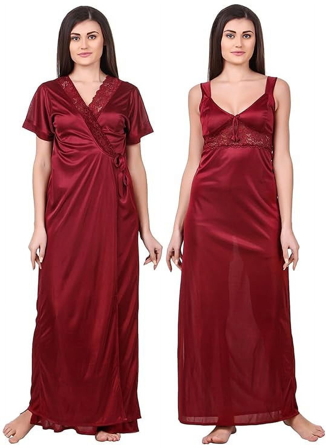 FASENSE Plus Size Satin Nightwear Sleepwear Full Length nighty with ...