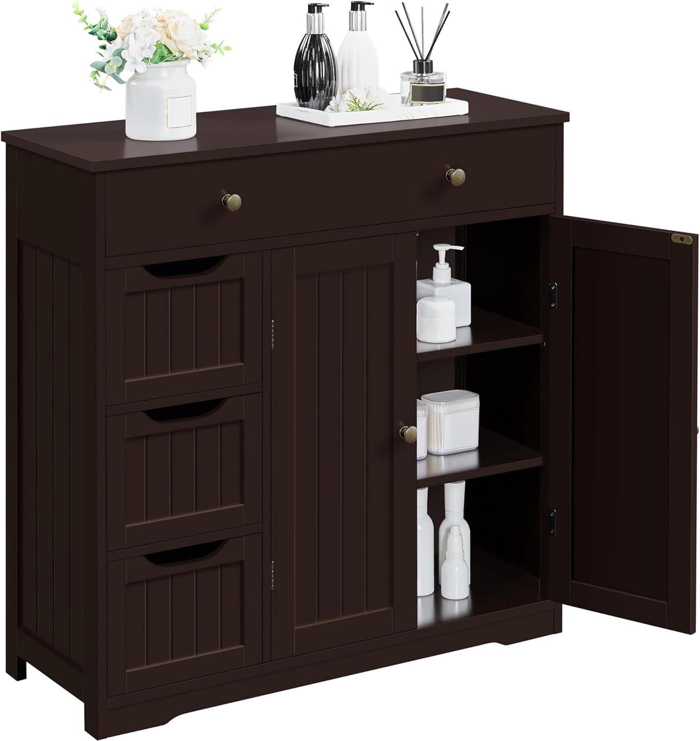 FASHENG 32" Espresso Bathroom Floor Cabinet, 4 Drawers & 2 Doors ...