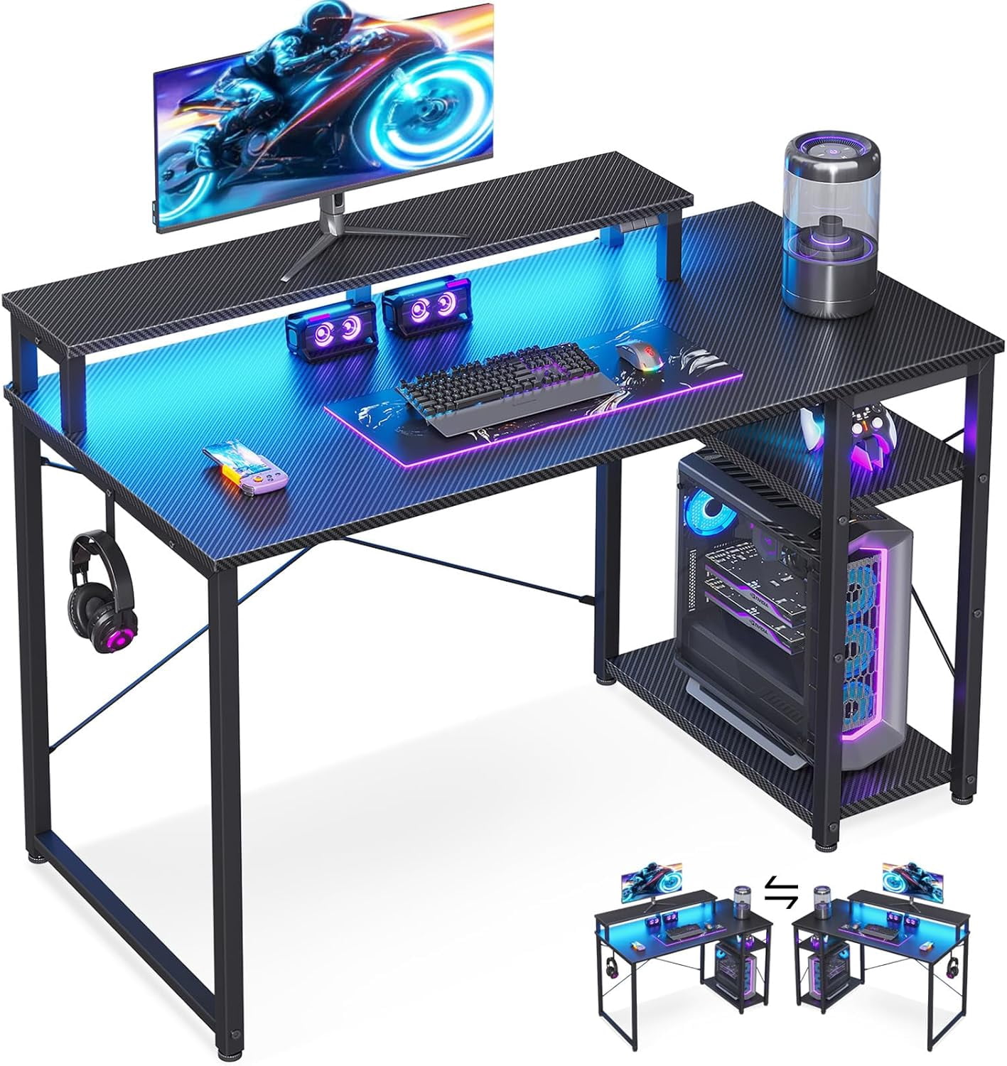 FASHENG 40 Inch Small Gaming Desk with Storage & Led Lights, Computer ...