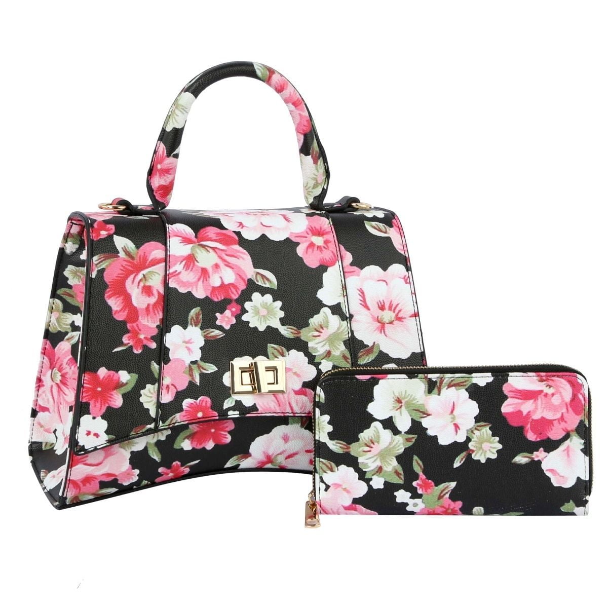 FASHION JUNKY Black Floral Flal Top Handle Handbag Set (10.8x8x5inches ...