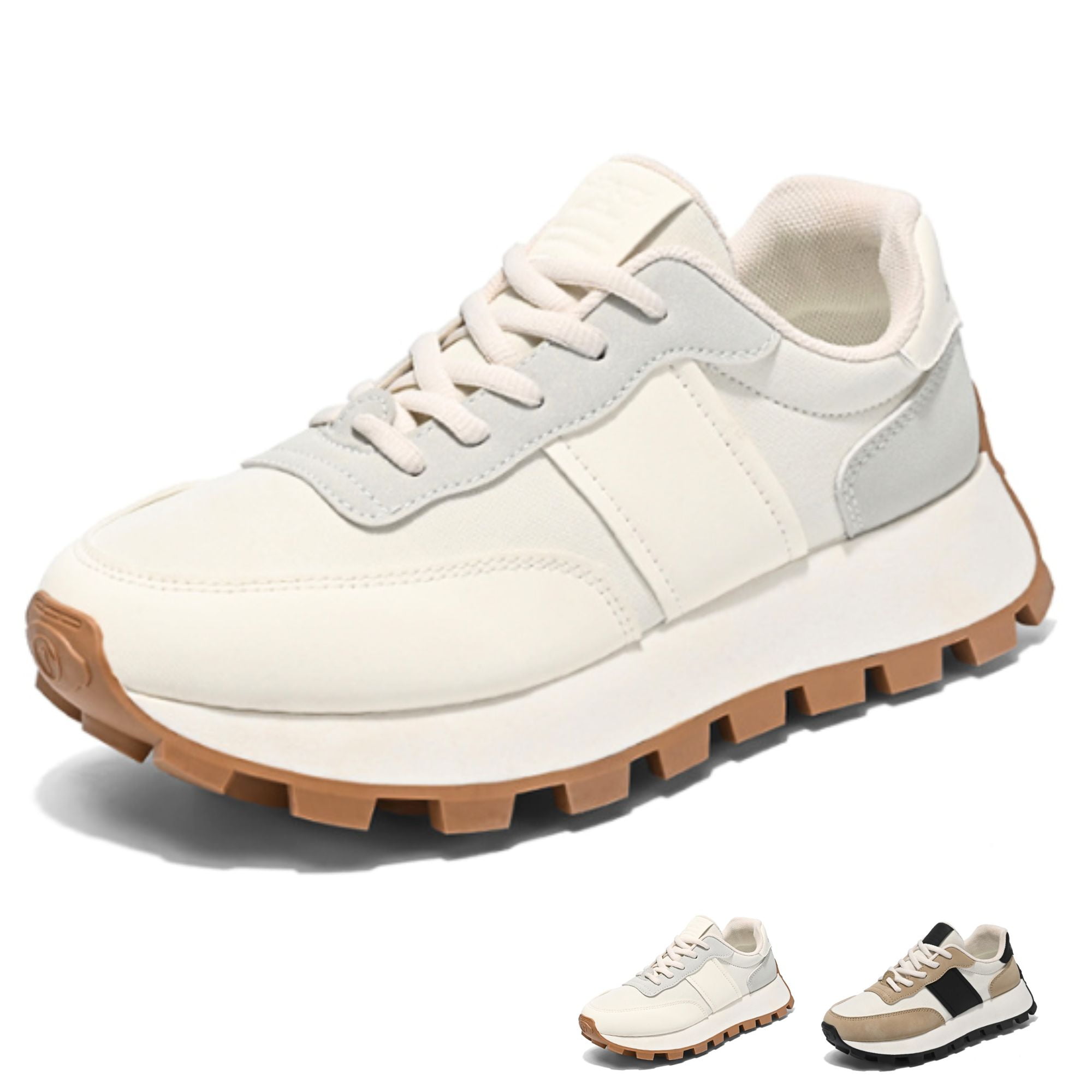 FASHIONBANANA Sneakers for Women Leather Suede Lace Up Walking Shoes ...