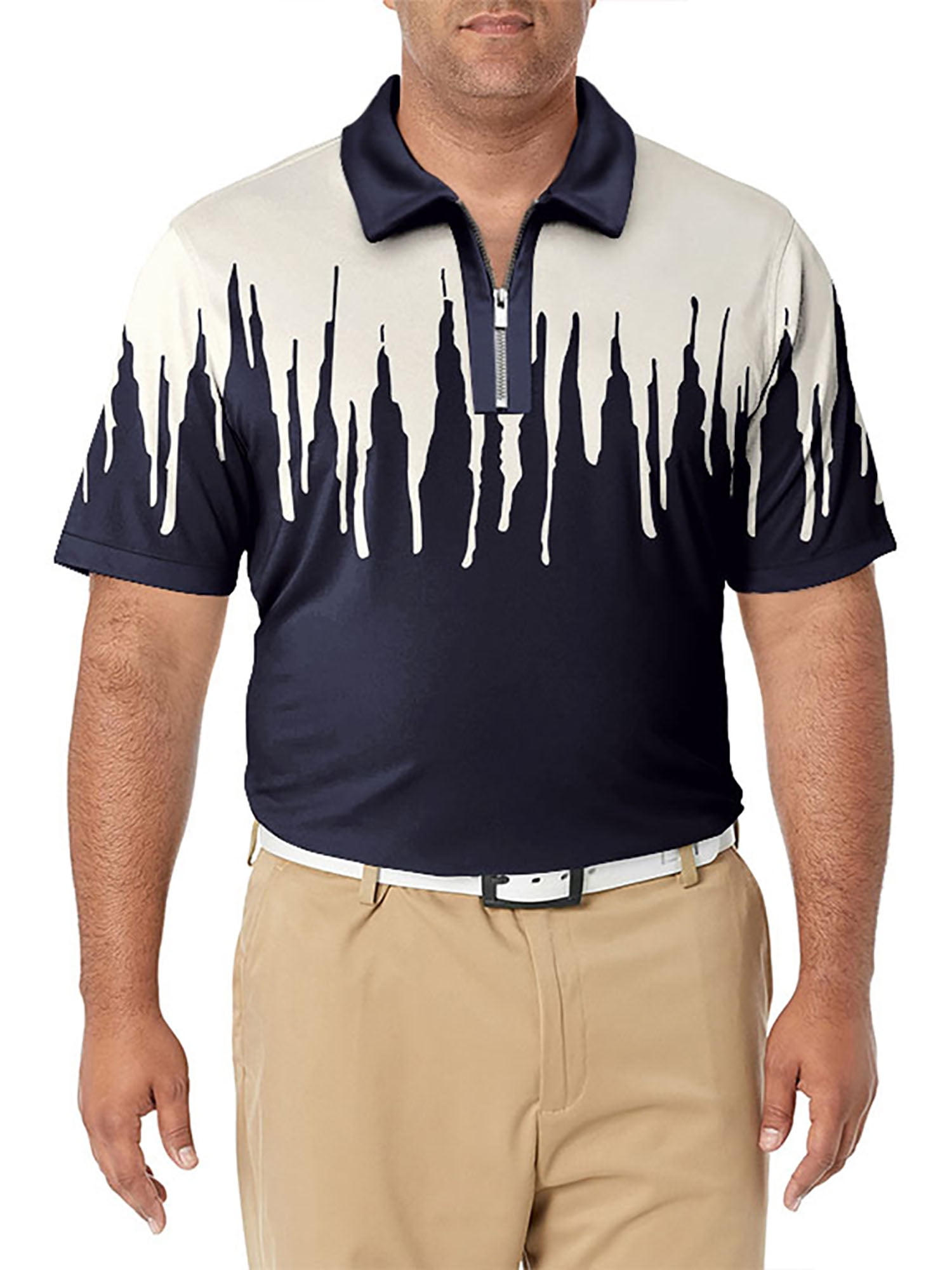 FASHIONWT Men Short Sleeve Business Office Lapel Tee Zipper Collar ...