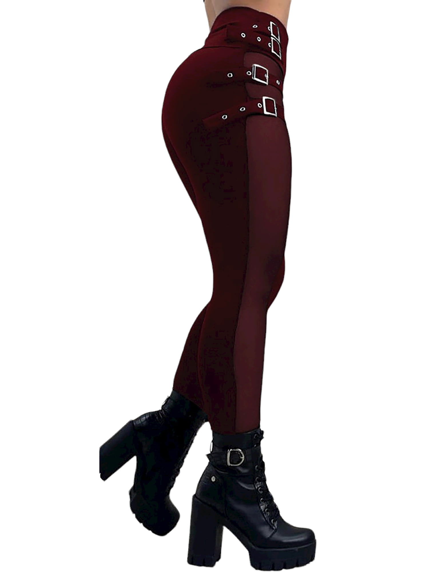 FASHIONWT Women Gothic Punk Pants Riveted Skinny Leggings Gauze ...