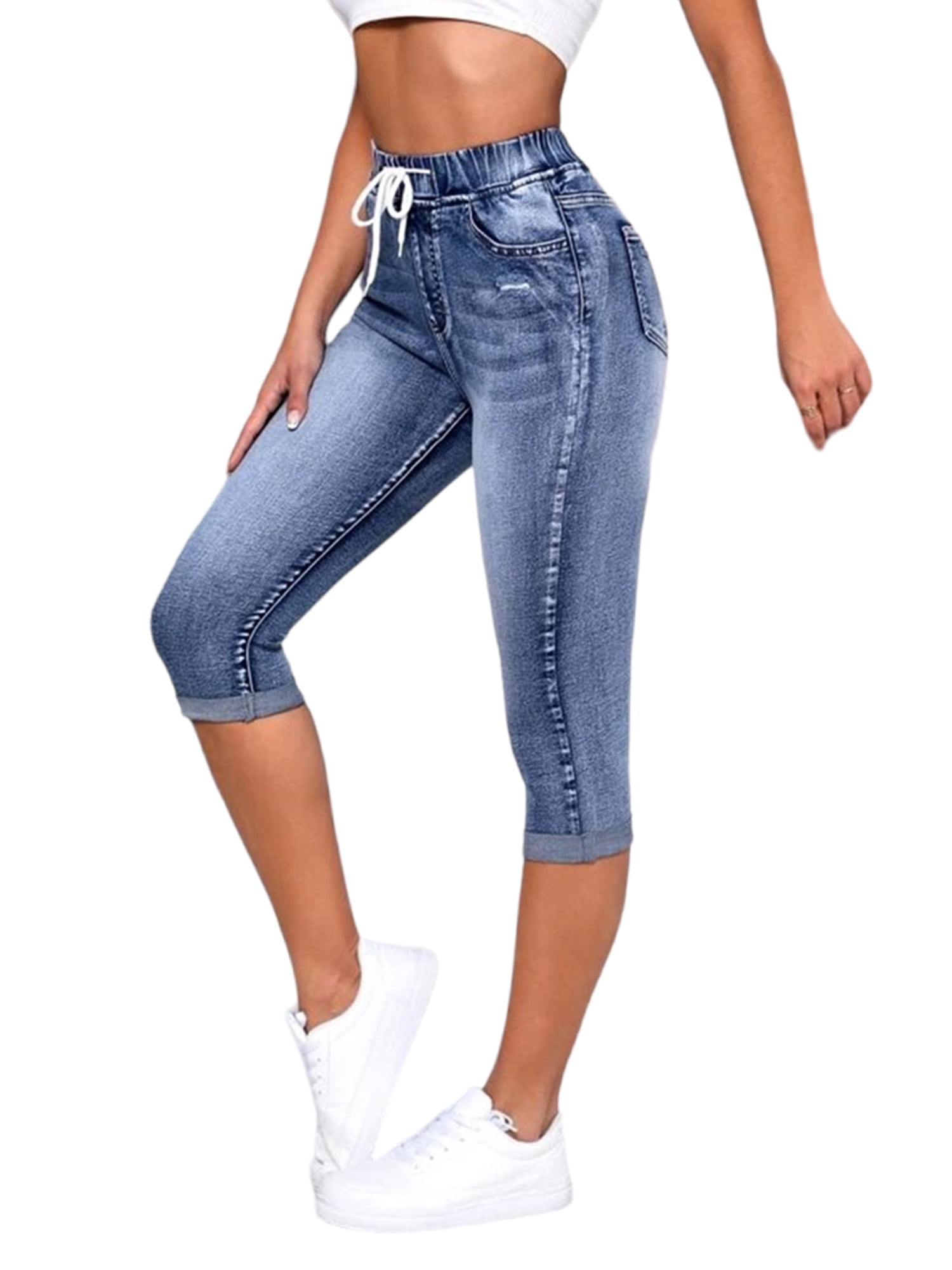 FASHIONWT Women Polycotton Denim Jeans Drawstring Torn Ripped Calf ...