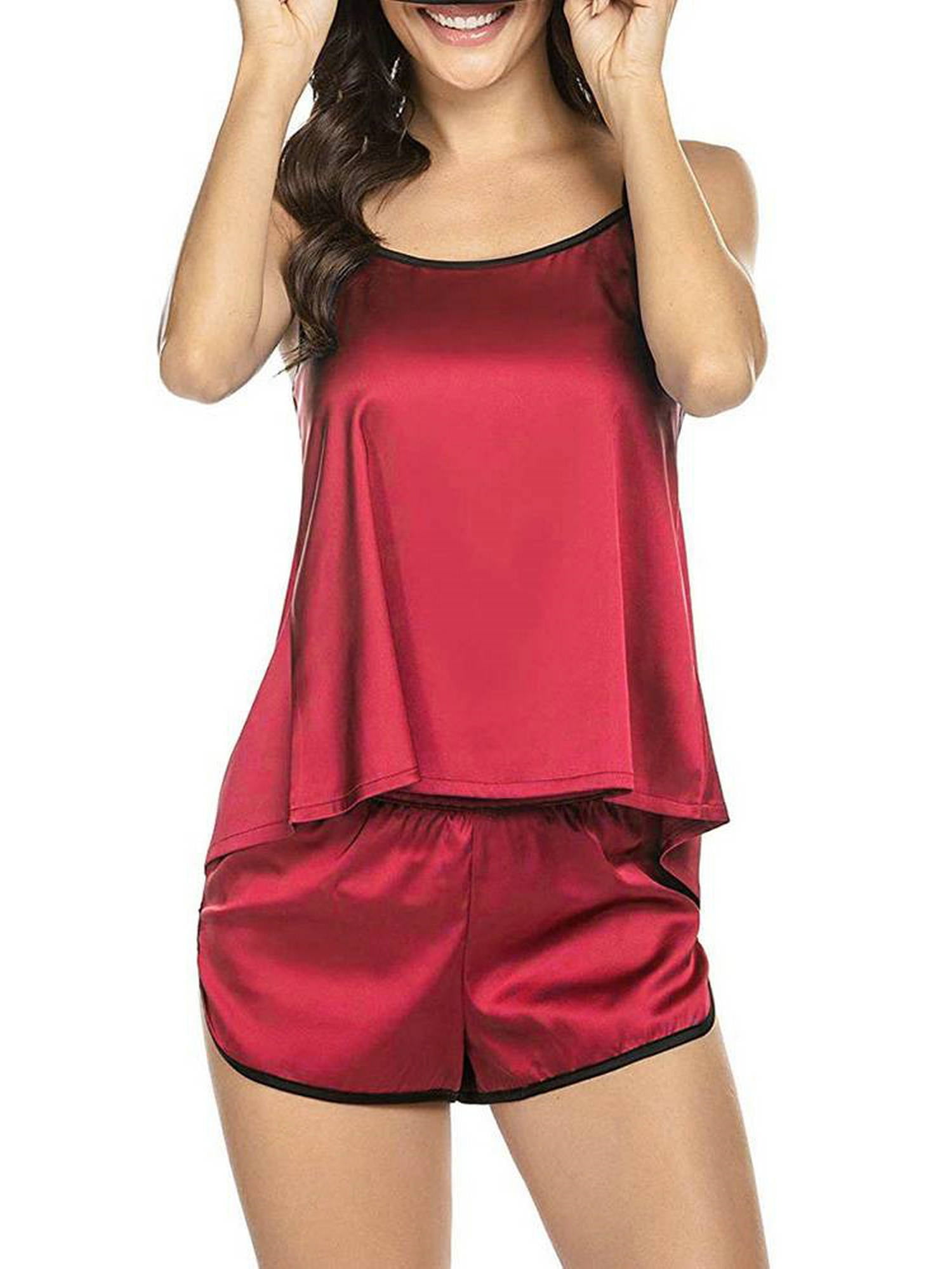FASHIONWT Women Sexy Ice Silk Comfortable Sling Home Mini Pajamas Two ...