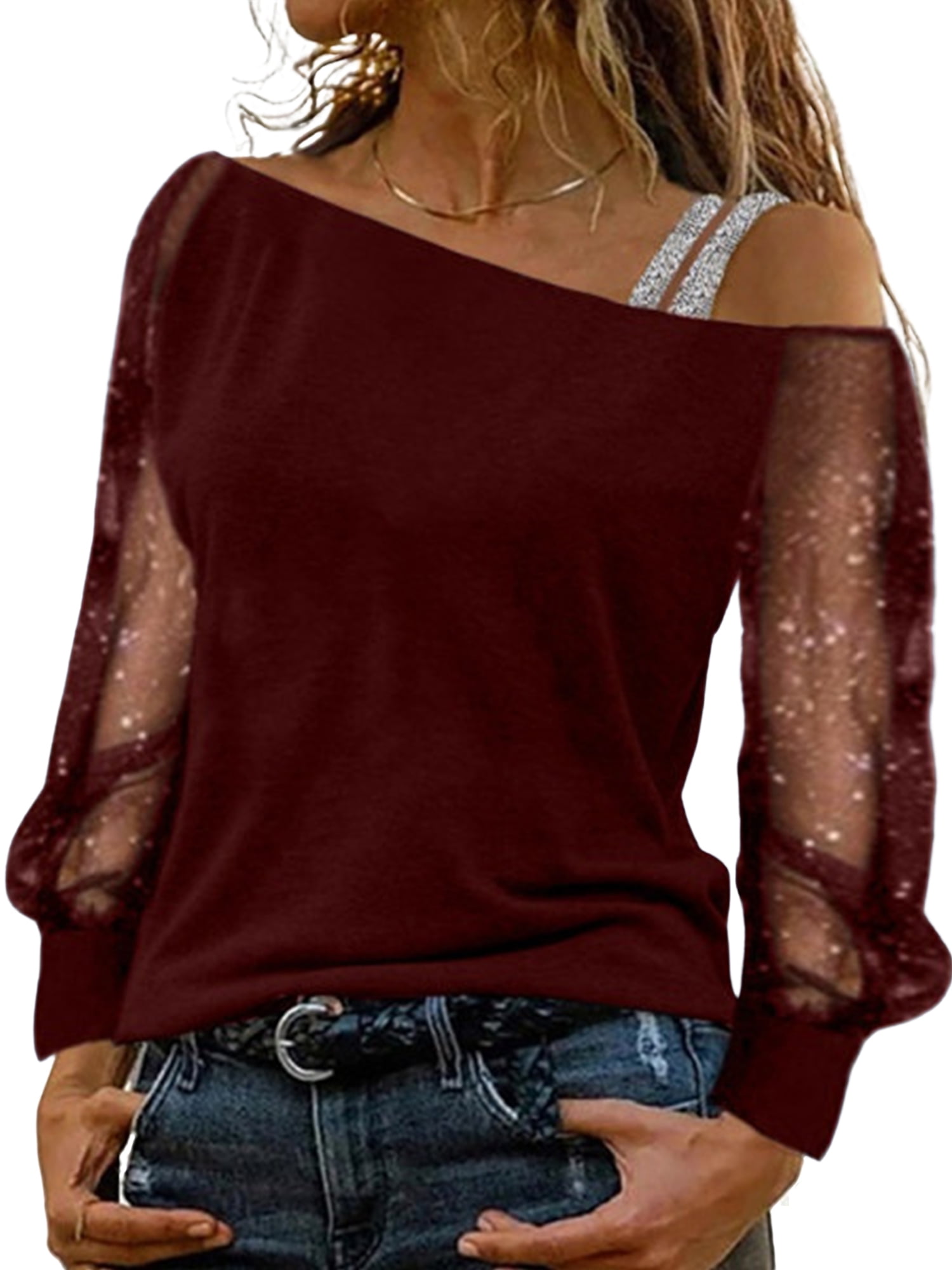 FASHIONWT Women Sexy Transparent Mesh Sleeve Tops Casual Slash Neck T ...