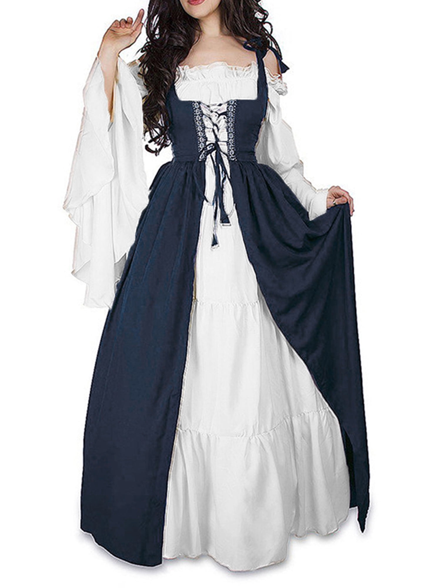 FASHIONWT Women Solid Draw String Flared Sleeve Retro Long Dress ...