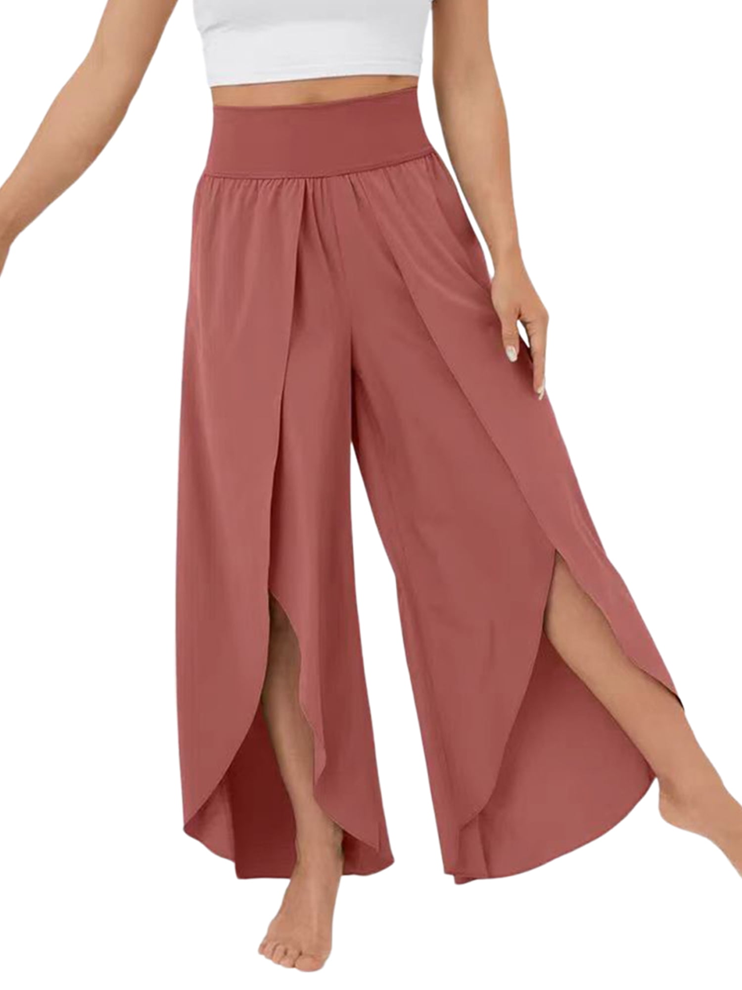 FASHIONWT Woven Front Slit Trousers Wide Leg Flowy Women Pants ...