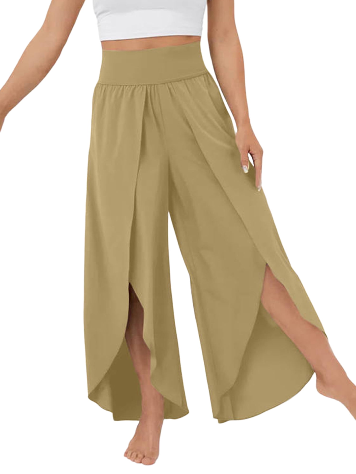 FASHIONWT Woven Front Slit Trousers Wide Leg Flowy Women Pants ...