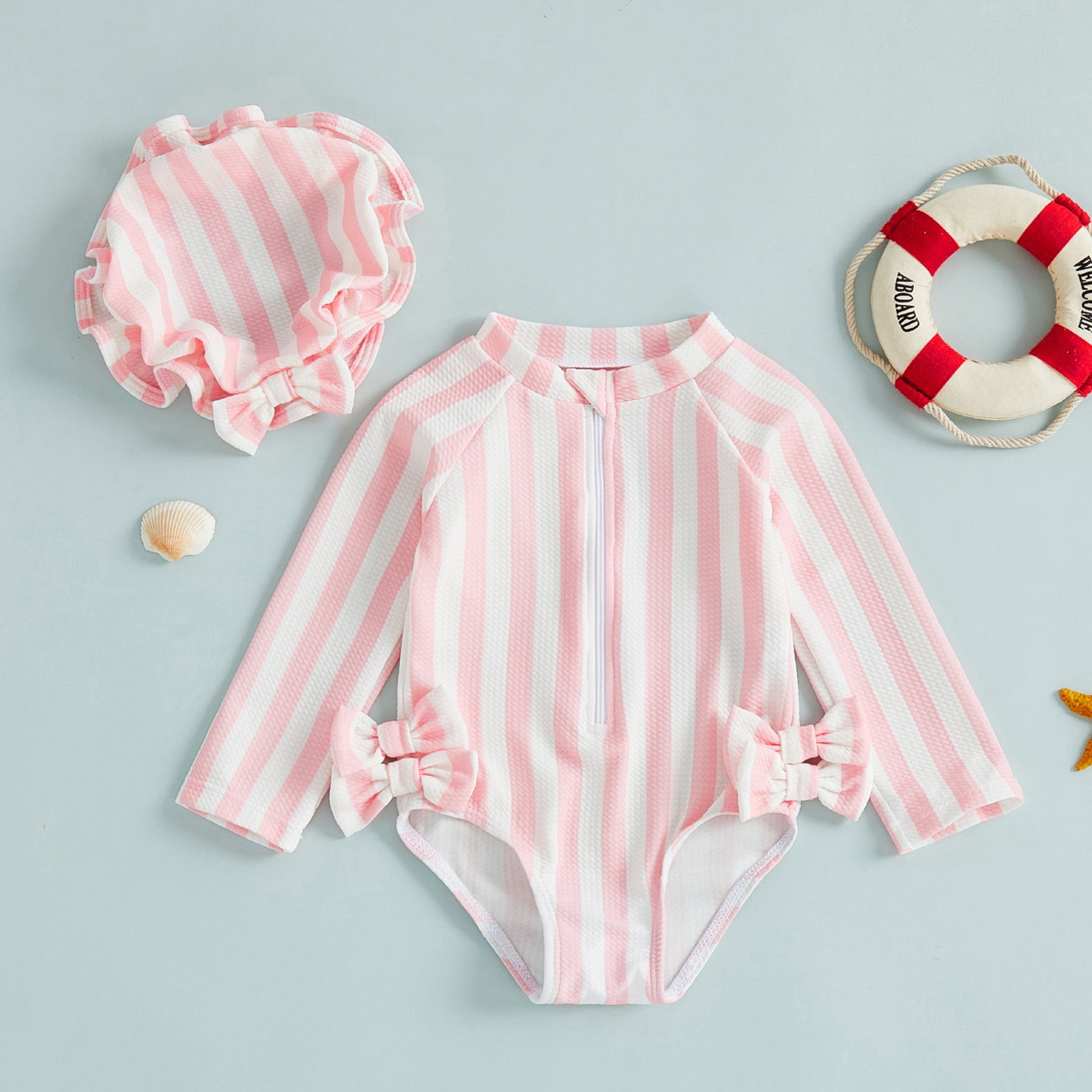 FASHOFT Baby Girl Swimsuit Bathing Suit with Hat Striped Summer Beach ...