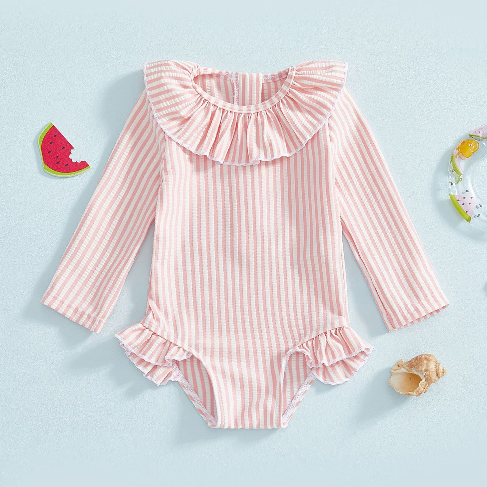 FASHOFT Baby Girl Swimsuit Striped Ruffle Long Sleeve One Piece Rash ...