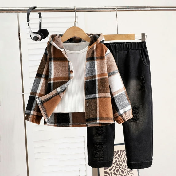 FASHOFT Boys Clothes Plaid Hooded Shirt 2pcs Outfit Button Front Spring ...