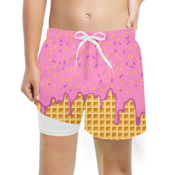 FASHOFT Boys Swim Trunks with Compression Liner Ice Cream Drip Big Kids ...