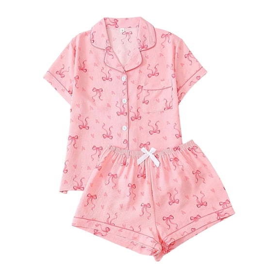 FASHOFT Cute Bow Pajamas for Women Set 2 Piece Button Up Short Sleeve ...