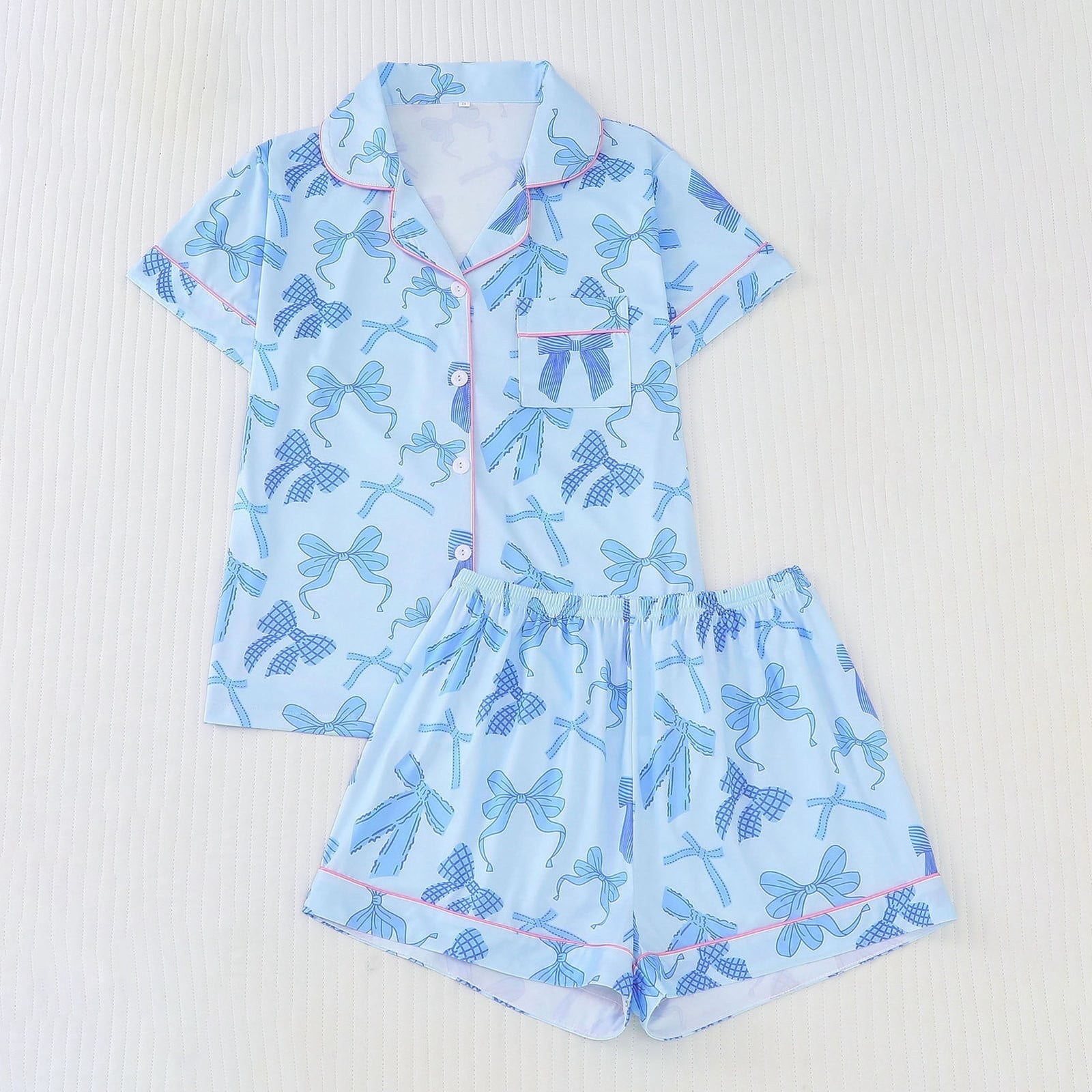 FASHOFT Cute Pajamas Set for Women Bow Print Short Sleeve Sleepwear ...